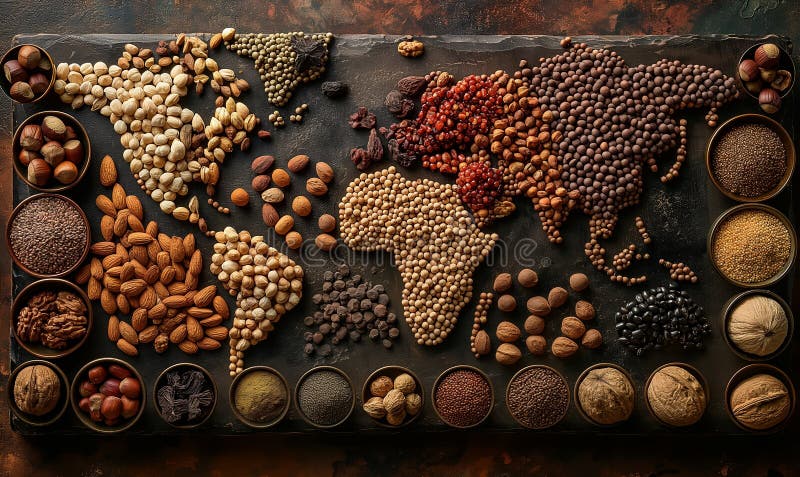 A World Map Laid Out of Nuts on a Dark Background. Stock Image - Image ...