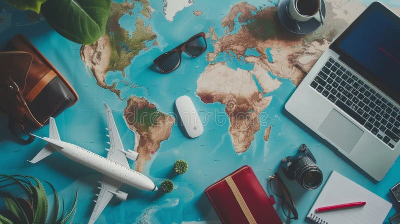 World Map with Laptop and Miscellaneous Items Stock Photo - Image of ...