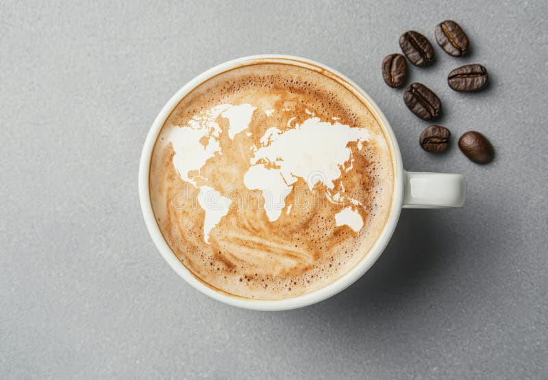 World Map Latte Art with Coffee Beans Stock Illustration - Illustration ...