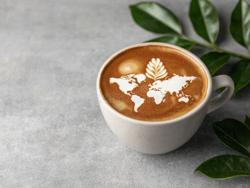 World Map Latte Art on Coffee Cup Stock Illustration - Illustration of ...
