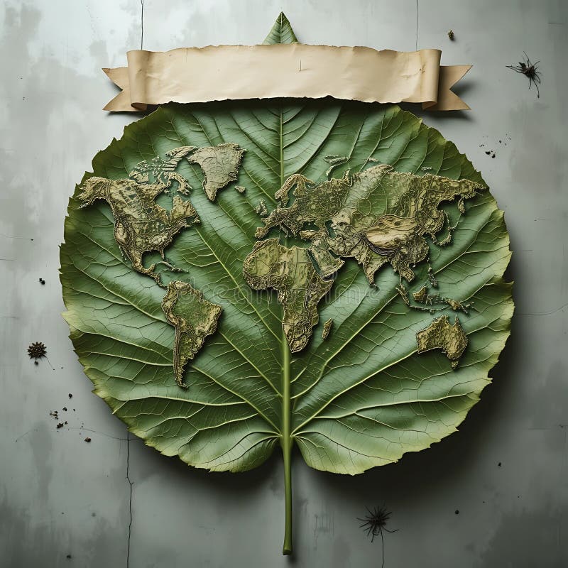 World Map on Leaf with Blank Paper Banner for Environmental Concept ...