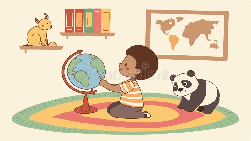World Map Learning: Child Studying a World Map with Panda Toy ...