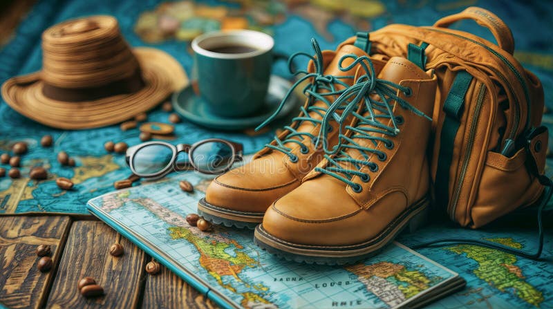 World Map, Leather Boots, Hat, Coffee and Travel Backpack on a Wooden ...