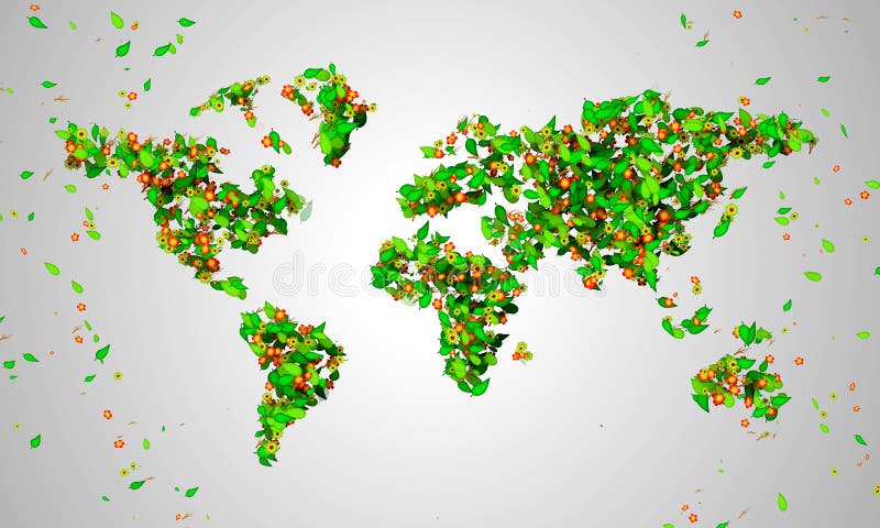 World Map Leaves Particles 3D Stock Illustration - Illustration of ...