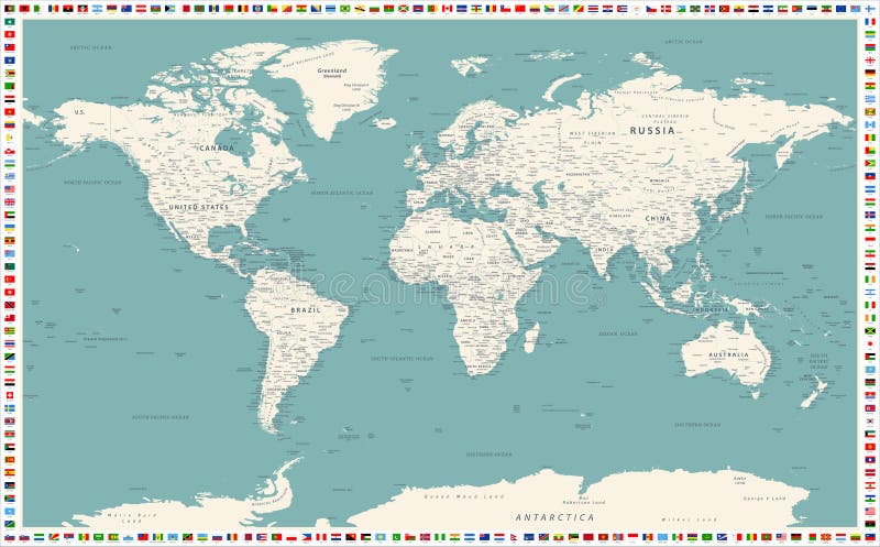 World Map. Light Land on Dark Water. with Flags. Vector Image Stock ...