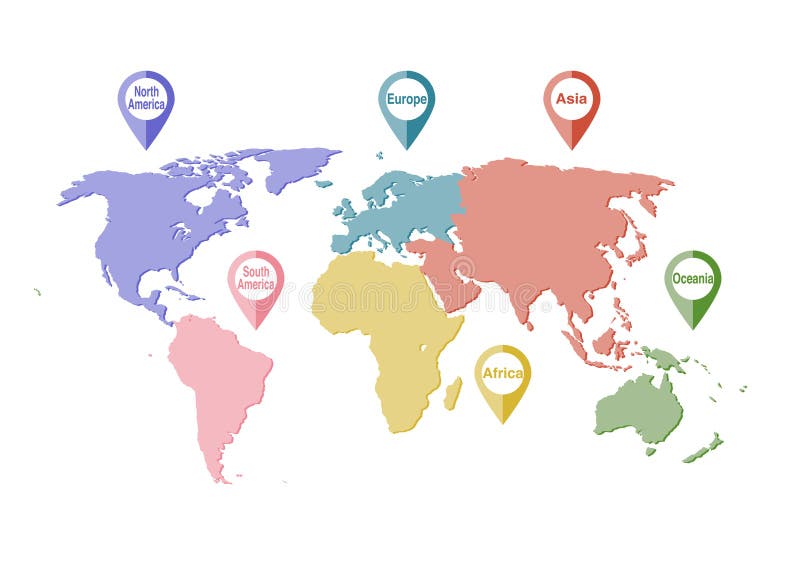 World Map and Location Information Mark. the Six Continents of the ...