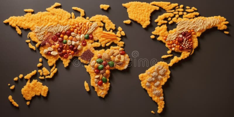 World Map Made from Assorted Spices and Grains on a Dark Background ...