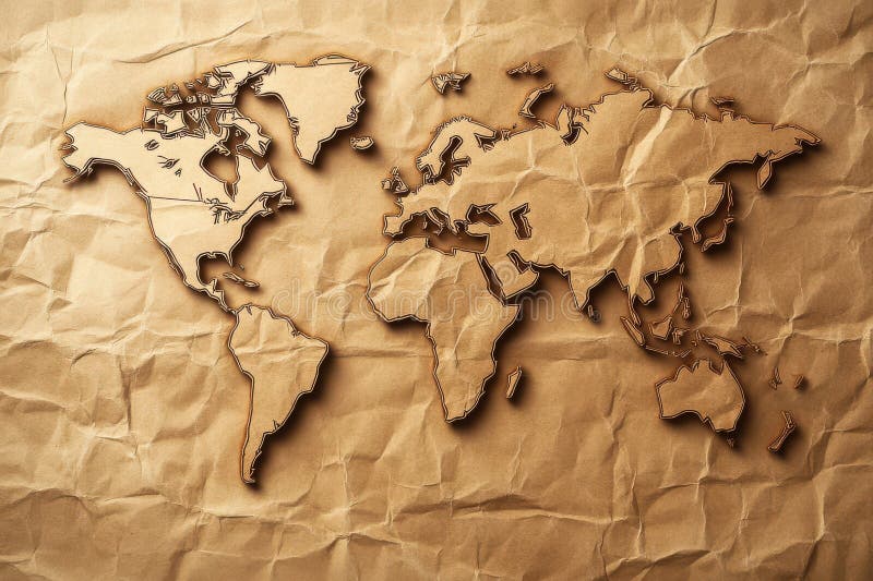 World Map Made of Cardboard, with an Empty Space Neutral Aged Paper ...