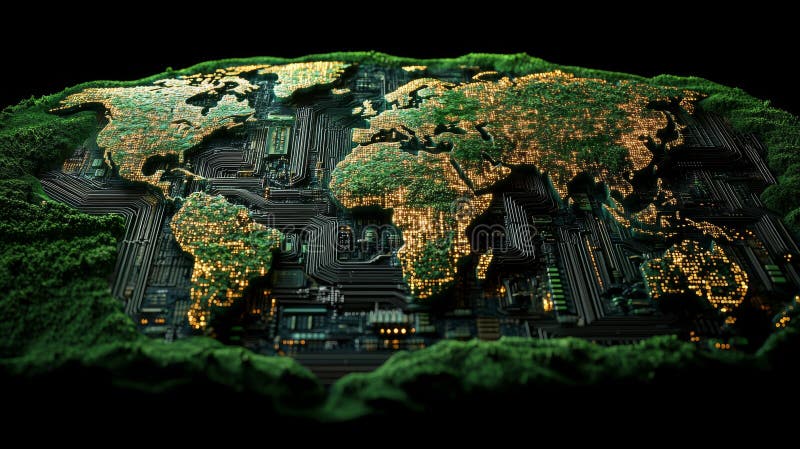 World Map Made of Circuit Board Glowing in Dark Environment, Technology ...