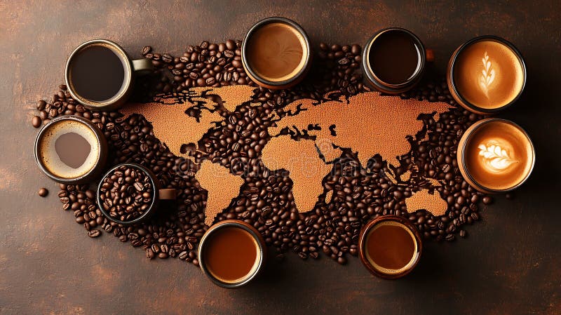 A World Map Made from Coffee Beans Laid Out on a Flat Surface with a ...