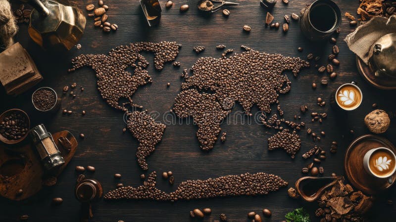 World Map Made of Coffee Beans Surrounded by Rustic Coffee Objects ...
