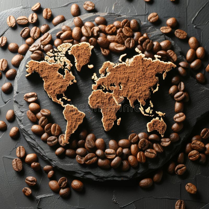 World Map Made of Coffee Grounds and Beans on Dark Slate Background ...