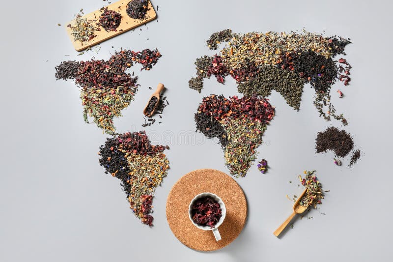 World Map Made of Different Sorts of Tea and Cup with Dry Hibiscus on ...