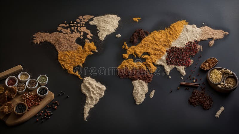 World Map Made of Different Spices on Grey Background, Top View ...