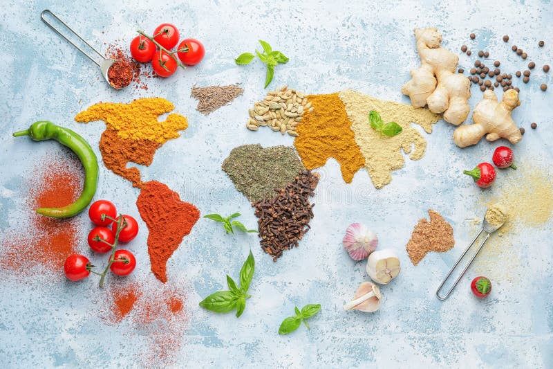World Map Made of Different Spices on Light Background Stock Photo ...