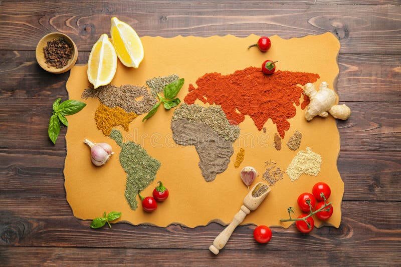 World Map Made of Different Spices on Wooden Background Stock Photo ...