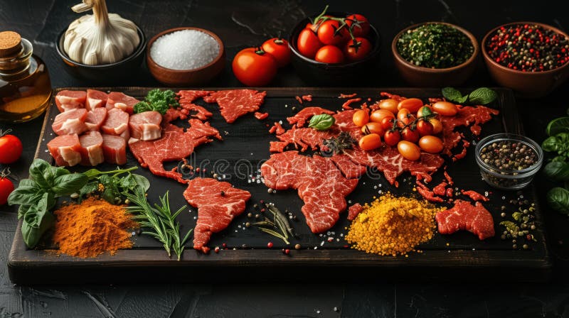 World Map Made of Different Types of Meat and Colorful Spices, Herbs ...