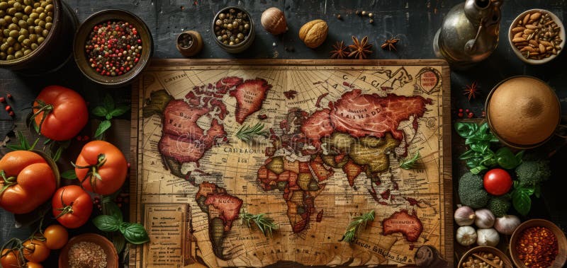 World Map Made of Different Types of Meat and Colorful Spices, Herbs ...