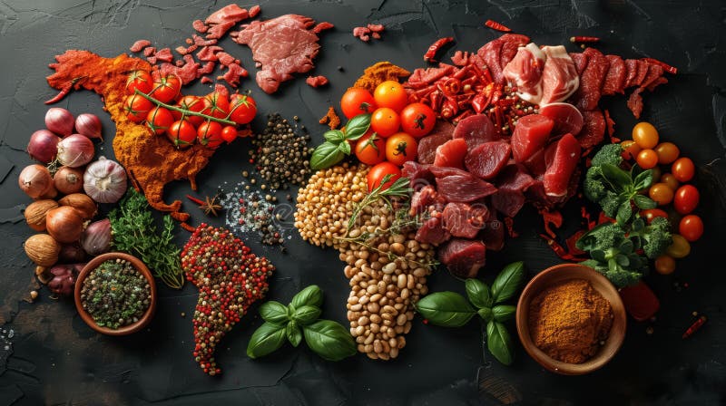 World Map Made of Different Types of Meat and Colorful Spices, Herbs ...