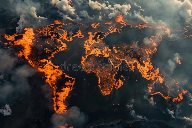 World Map Made of Fire, Aerial View from Above Stock Illustration ...