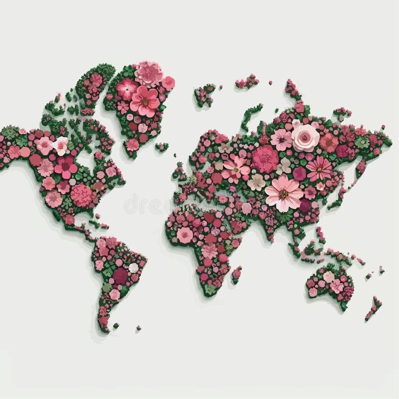 World Map Made of Flowers on White Background. 3D Illustration Stock ...