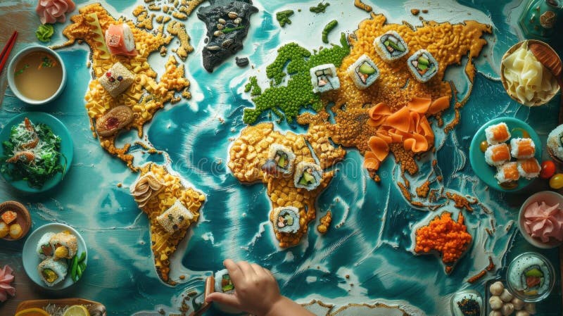 World Map Made of Food, Creative Sushi and Snack Art Stock Illustration ...