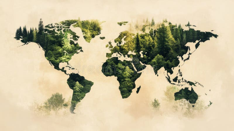 World Map Made of Forest Trees Blending into a Vintage Background ...