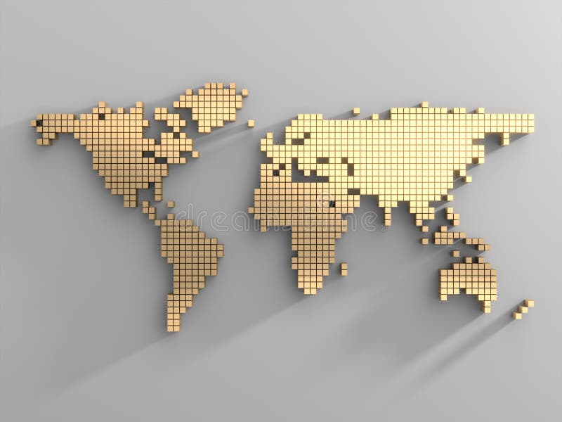 World Map Made by Golden Cube Box on White Wall. Stock Illustration ...