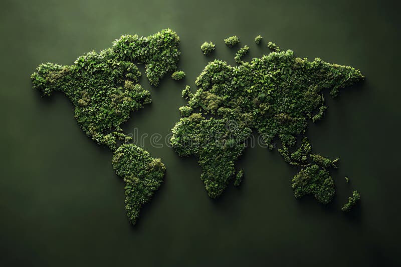 World Map Made of Green Plants, Vegetation Design on Solid Dark Green ...