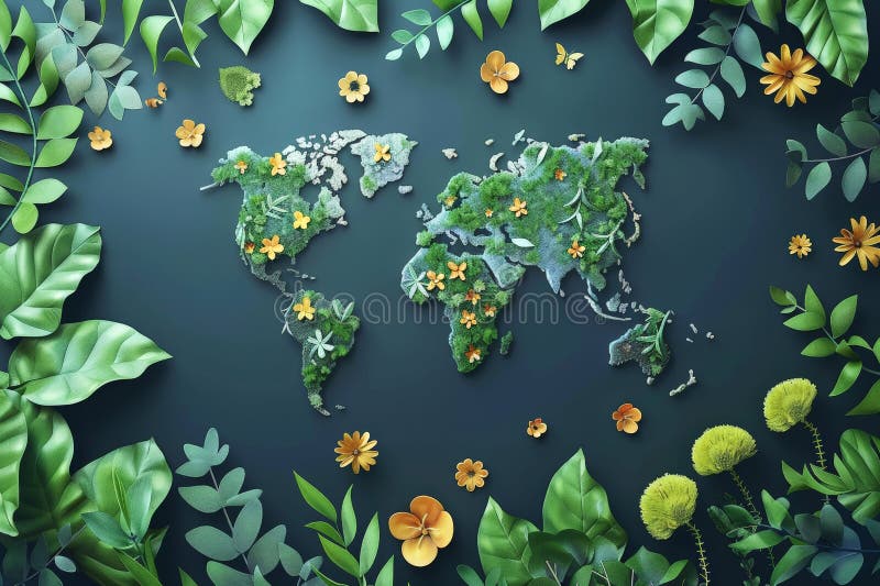 World Map Made of Greenery and Flowers, Ideal for Eco-friendly Concepts ...