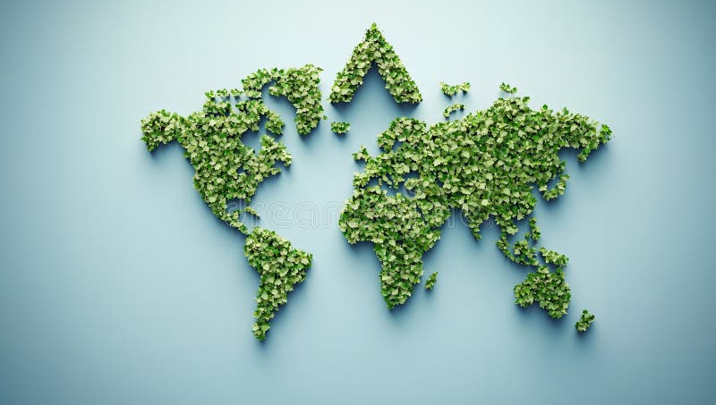 A World Map Made of Leaves on a Light Blue Background Stock ...