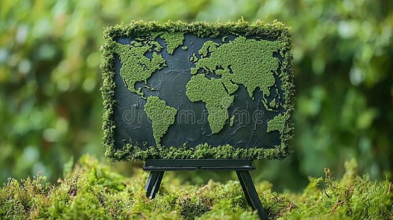 World Map Made of Moss on Easel in Lush Green Environment Stock ...