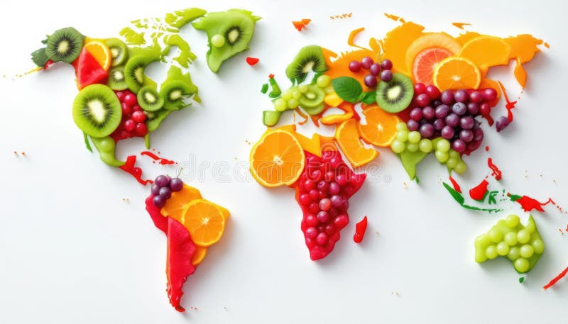 World Map Made from Pieces of Different Colored Fruits Stock ...