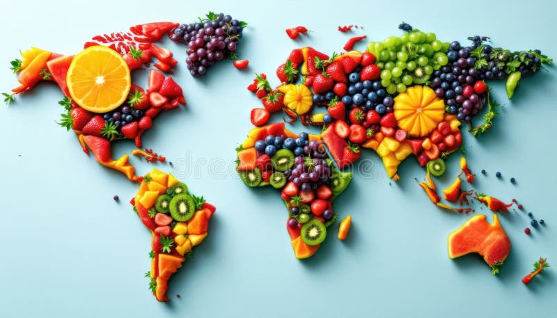 World Map Made from Pieces of Different Colored Fruits Stock ...