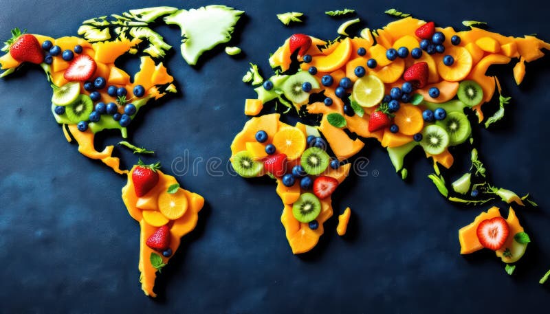 World Map Made from Pieces of Different Colored Fruits Stock ...