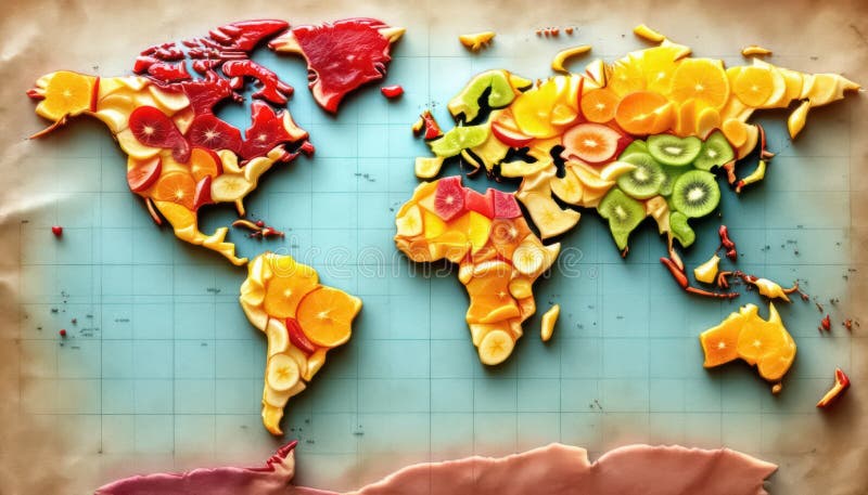 World Map Made from Pieces of Different Colored Fruits Stock ...