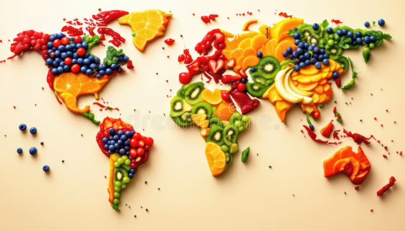 World Map Made from Pieces of Different Colored Fruits Stock ...