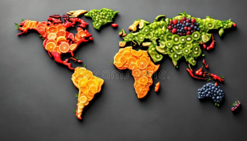 World Map Made from Pieces of Different Colored Fruits Stock ...