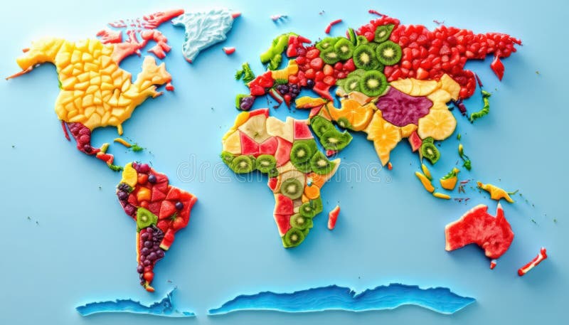 World Map Made from Pieces of Different Colored Fruits Stock ...