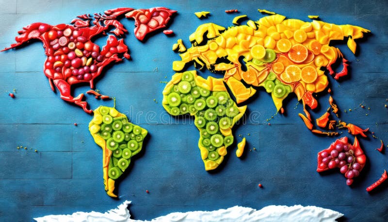 World Map Made from Pieces of Different Colored Fruits Stock ...