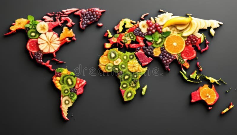 World Map Made from Pieces of Different Colored Fruits Stock ...