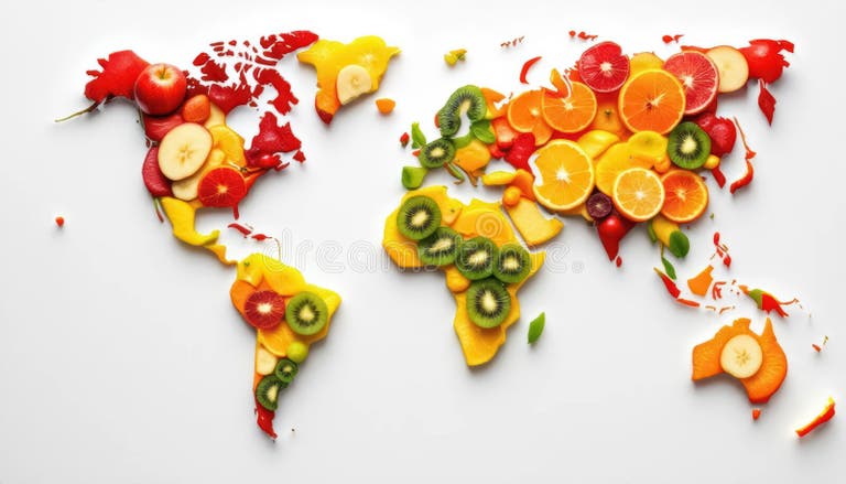 World Map Made from Pieces of Different Colored Fruits Stock ...