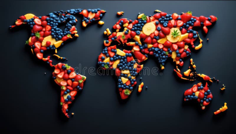 World Map Made from Pieces of Different Colored Fruits Stock ...