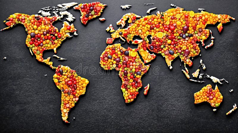 World Map Made from Pieces of Different Colored Fruits Stock ...