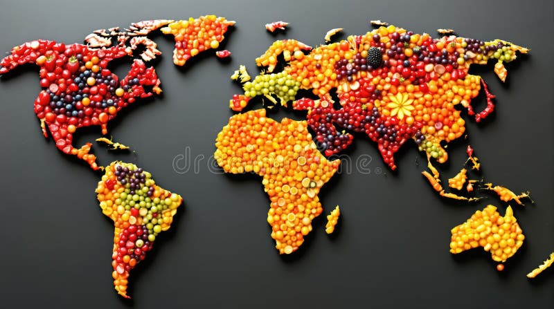 World Map Made from Pieces of Different Colored Fruits Stock ...