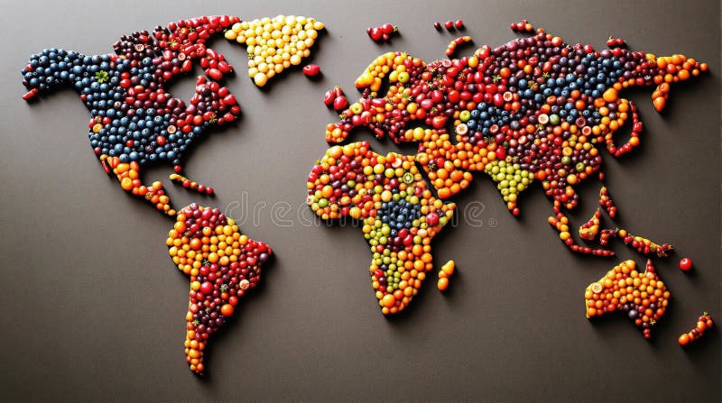 World Map Made from Pieces of Different Colored Fruits Stock ...
