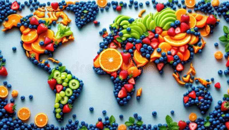 World Map Made from Pieces of Different Colored Fruits Stock ...