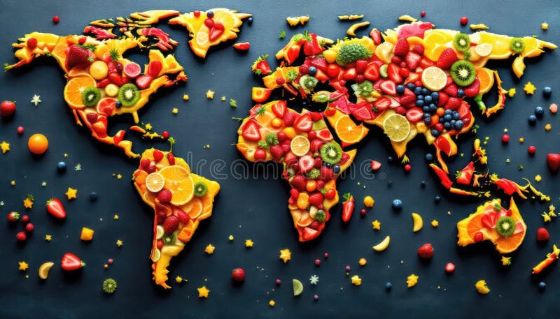 World Map Made from Pieces of Different Colored Fruits Stock ...