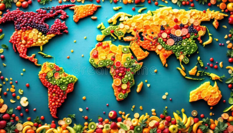 World Map Made from Pieces of Different Colored Fruits Stock ...