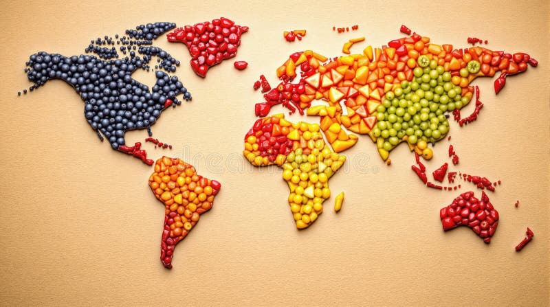 World Map Made from Pieces of Different Colored Fruits Stock ...